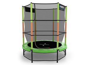 4260495756707 - KINETIC SPORTS Kinder Trampolin JUMPER 140 cm - Inklusive Gummiseil Federung Sicherheitsnetz mit Reißverschluss Rahmenpolster Schutz Bodennetz - Indoor Kindertrampolin Spielzeug Grün-Orange