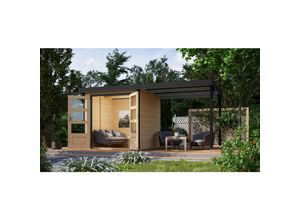 Image of Karibu Hybrid Gartenhaus Hollywood im Set mit Anbaudach ca. 2,40 m breit naturbelassen inkl. Fußboden Gartenlaube Geräteschuppen Gartenhütte