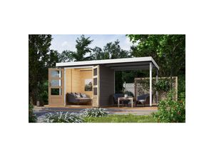 Image of Karibu Hybrid Gartenhaus Hollywood im Set mit Anbaudach ca. 2,40 m breit terragrau inkl. Fußboden Gartenlaube Geräteschuppen Gartenhütte