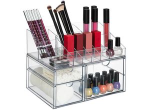 4052025479404 - Relaxdays - Make Up Organizer 14 Fächer & 3 Schubladen Nagellack Lippenstfit Kunststoff Schminkorganizer transparent