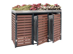 4057651802435 - 3er Mülltonnenverkleidung MCW-K14 Mülltonnenbox mit Pflanzkasten 124x200x84cm WPC Edelstahl 107kg ~ Walnuss-Holzoptik