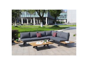 4057651639161 - Aluminium Garten-Garnitur MCW-M62 Sitzgruppe Garten- Lounge-Set Sofa Holzoptik ~ Gestell anthrazit Polster dunkelgrau
