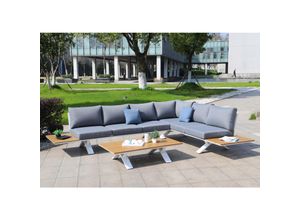 Image of Aluminium Garten-Garnitur MCW-M62, Sitzgruppe Garten-/Lounge-Set Sofa, Holzoptik ~ Gestell weiß, Polster hellgrau