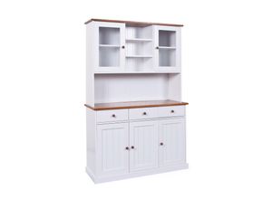 4010340214674 - - Sideboard mit drei Türen und drei Schubladen mit oberer Vitrine weiß mit braunen Details 131 x 181 x 45 cm