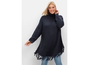 4063136926770 - Große Größen Gerippter Poncho-Pullover mit Fransensaum nachtblau Gr52 54