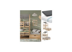 4066731052479 - VitaliSpa Spielturmbett Kinderbett Spielbett Tom Natur modern 204x218 cm Massivholz Kinderzimmer Lattenrost Bettleiter Bett Schublade Matratze Abenteuerbett Kletterbett