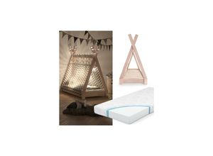 4251421943254 - VITALISPA Kinderbett TIPI Indianer Bett Kinderhaus Holz Hausbett 70x140cm Natur mit Matratze