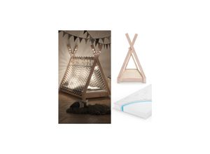 4251421943292 - VITALISPA Kinderbett TIPI Indianer Bett Kinderhaus Holz Hausbett 80x160cm Natur mit Matratze