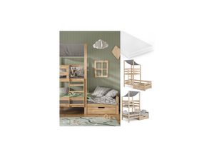 4066731052509 - VitaliSpa Spielturmbett Kinderbett Spielbett Tom Natur modern 204x218 cm Massivholz Kinderzimmer Lattenrost Bettleiter Bett Schublade Matratze Abenteuerbett Kletterbett