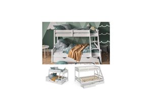 4066731227396 - Hochbett Kinderbett Spielbett Everest Weiß modern 140x200 Massivholz Kinderzimmer Bett Lattenrost Bettleiter Kletterbett Doppelbett Geschwisterbett Bettschublade Rollschublade