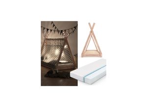 4251421943339 - VITALISPA Kinderbett TIPI Indianer Bett Kinderhaus Holz Hausbett 90x200cm Natur + Matratze