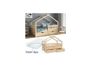 4251421944237 - Kinderbett Design 140x70cm Natur mit Matratze Rausfallschutz und Gästebett Vitalispa