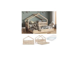 4251421964761 - Kinderbett Design 160x80cm Natur mit Matratze Rausfallschutz und Gästebett Vitalispa