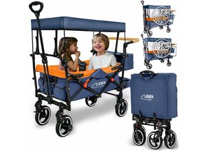 4260487094503 - Lawa Living And Lifestyle - Bollerwagen faltbar mit Dach Regenschutz Insektenschutz gefedert klapp Handwagen für Kinder Strandwagen Blau   Orange