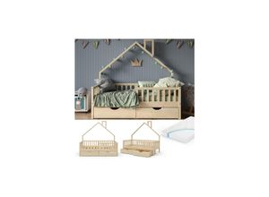 4251421953277 - Kinderbett Noemi 160x80cm Natur mit Matratze Rausfallschutz und Schubladen Vitalispa