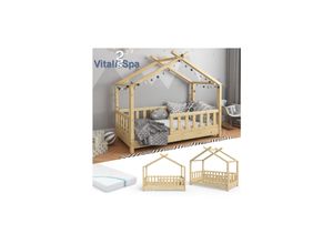 4251421942523 - VITALISPA Kinderbett Hausbett DESIGN 70x140cm Natur Zaun Kinder Holz Haus Hausbett mit Matratze