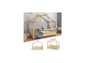 4251421941847 - VITALISPA Kinderbett Hausbett DESIGN 70x140cm Natur Zaun Kinder Holz Haus Hausbett