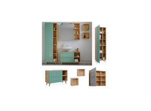 4066731330089 - Badmöbel-Set Rudi in Eiche Evoke Mintgrün Badezimmer moderne Badserie Waschbeckenunterschrank Spiegelschrank Hochschrank Wandregal
