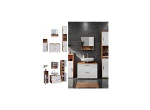 4066731273317 - Badmöbelset Irma Eiche Weiß Hochglanz modern Badezimmerschrank Badschrank Badezimmermöbel Waschtischunterschrank Spiegelschrank Midischrank Hochschrank Schrankschublade Schranktür Schrankfach
