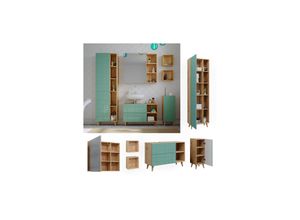4066731330577 - Badmöbel-Set Rudi in Eiche Evoke Mintgrün Badezimmer moderne Badserie Waschbeckenunterschrank Spiegelschrank Midischrank Hochschrank Wandregal