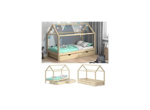 4251421922624 - Kinderbett Hausbett Schubladen Bett Holz Kinderhaus natur 90x200 cm