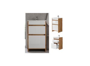 4066731381739 - Badmöbel-Set Detmold Eiche Weiß Hochglanz 2-teilig Waschbecken Waschtischunterschrank