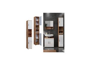 4066731273492 - Hochschrank Badschrank Badezimmermöbel Irma Eiche Weiß Hochglanz modern 30x192 cm Badkommode Badezimmer Schrank Badmöbel 2 Türen 6 Fächer