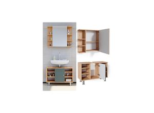 4066731041664 - Badmöbelset Waschtischunterschrank 80 cm Spiegelschrank Fynn Eiche Grün