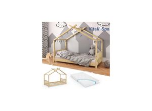 4251421942530 - VITALISPA Kinderbett Hausbett DESIGN 80x160cm Natur Zaun Kinder Holz Haus Hausbett mit Matratze