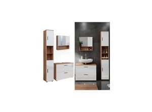 4066731273348 - Badmöbelset Irma Eiche Weiß Hochglanz modern Badezimmerschrank Badschrank Badezimmermöbel Waschtischunterschrank Spiegelschrank Hochschrank Schrankschublade Schranktür Schrankfach