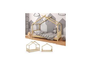 4251421941854 - VITALISPA Kinderbett Hausbett DESIGN 80x160cm Natur Zaun Kinder Holz Haus Hausbett