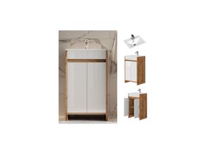 4066731381753 - Badmöbel-Set Lemgo Eiche Weiß Hochglanz 2-teilig Waschbecken Waschtischunterschrank Flügeltür