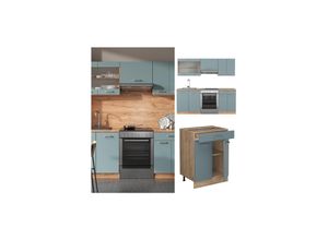 4066731345779 - Küchenzeile R-Line Solid Eiche Blau Grau 200 cm modern Küchenschränke Küchenmöbel