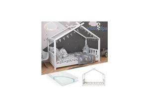 4251421942516 - VITALISPA Kinderbett Hausbett DESIGN 80x160cm Weiß Zaun Kinder Holz Haus Hausbett mit Matratze