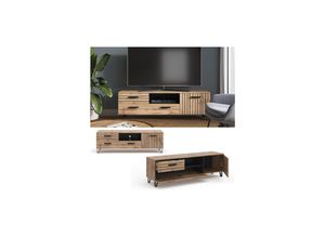 4066731228836 - Lowboard TV-Regal Fernsehregal Amber Eiche 150x49 cm modern Wohnzimmer Regal TV-Tisch Fernsehtisch Wohnzimmertisch Ablage Klapptür Schranktür Schrankfach Fernseher Holz-Optik