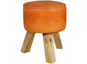 4251745765716 - Country-Stil Sitzhocker Ziegenleder Holzgestell 45 cm - Robust & Handgefertigt