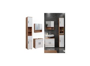 4066731273409 - Badmöbelset Irma Eiche Weiß Hochglanz modern Badezimmerschrank Badschrank Badezimmermöbel Waschtischunterschrank Spiegelschrank Hochschrank Schranktür Schrankfach