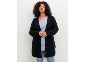 4063137015251 - Große Größen Longstrickjacke im Strukturmix mit V-Ausschnitt tiefblau Gr52 54