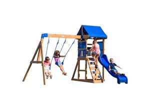 0752113006010 - Backyard Discovery Spielturm Aurora aus Holz XXL Spielhaus für Kinder mit Rutsche Schaukeln und Kletterleiter Stelzenhaus für den Garten - Braun