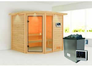 4010090387215 - Karibu Sauna Kühlungsborn mit Kranz SET naturbelassen mit Ofen 9 kW ext Strg