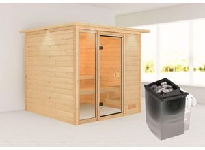 4010090387147 - Karibu Sauna Aachen mit Kranz SET naturbelassen mit Ofen 9 kW integr Strg