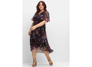 4063137012397 - Große Größen Chiffonkleid mit Blumendruck und Volant am Saum tiefblau gemustert Gr56