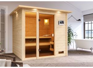 4010090387161 - Karibu Sauna Aachen mit Kranz SET naturbelassen mit Ofen 9 kW Bio ext Strg