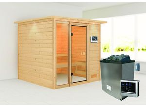 4010090387154 - Karibu Sauna Aachen mit Kranz SET naturbelassen mit Ofen 9 kW ext Strg