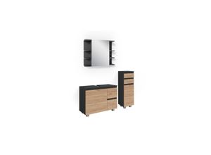 4066731058686 - Badmöbelset J-shape Anthrazit Eiche modern Badezimmer Schrank Badschrank Waschtischunterschrank Spiegelschrank Midischrank Schranktür Schrankschublade Schrankfach Ablage Aufbewahrung