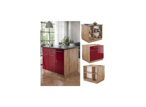 4066731195091 - Kücheninsel Küchenblock Einbauküche Fame-Line Eiche Bordeaux Rot 90 cm modern Hochglanz Küchen Schränke Apothekerunterschrank Schubunterschrank Regalinselunterschrank Softclose-Scharnier Küchenmöbel