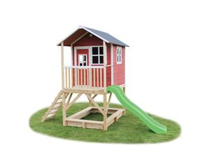 8718469460311 - Exit Toys Spielhaus Loft mit Veranda Sandkasten und Rutsche rot ca 118 x 328 x 255 cm