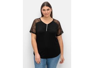 8680851163707 - Große Größen Shirt mit Zipper und Ärmeln aus Spitze schwarz Gr52