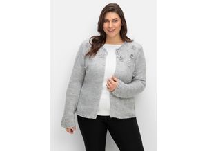 6932342394339 - Große Größen Cardigan mit Häkelblüten und Glitzergarn grau meliert Gr50