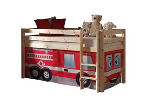 5420070212229 - Les Tendances - Kinderzimmer Hochbett mit Textilset Feuerwehr PINOO-12 in Kiefer massiv natur lackiert b h t ca 210 114 106 cm